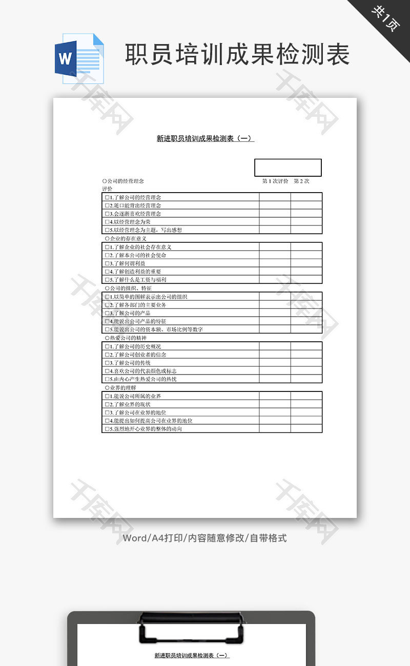 新进职员培训成果检测表Word文档 千库网 wordID64750
