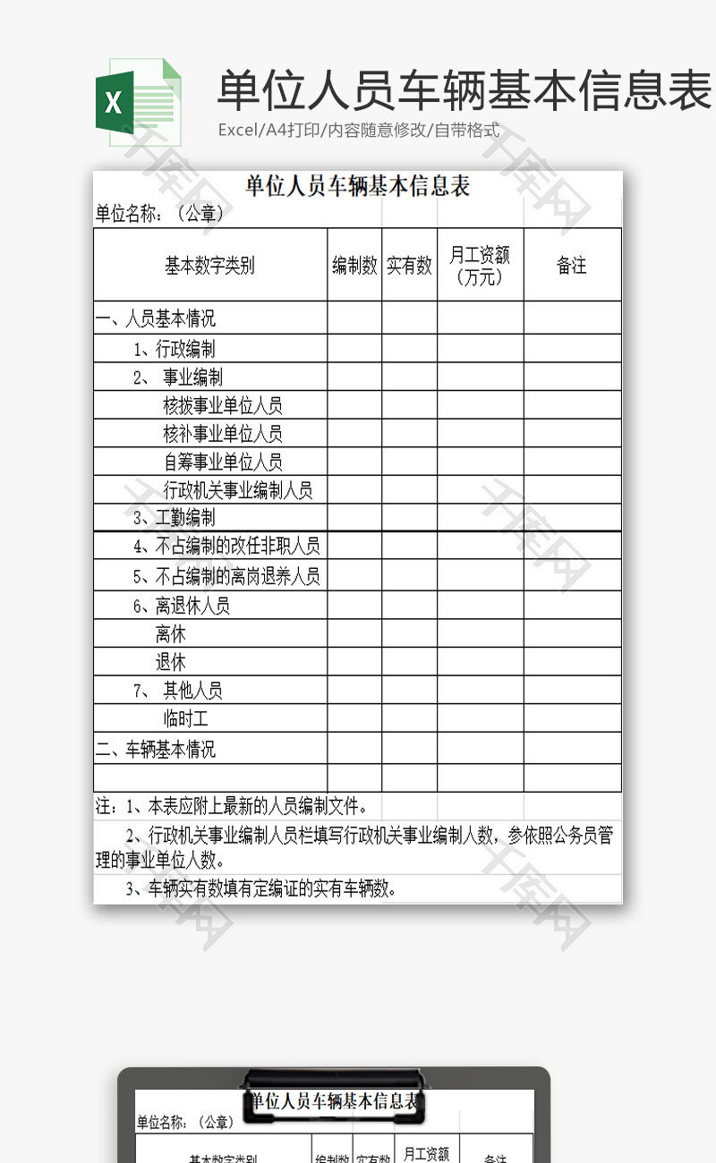 行政管理车辆基本信息表Excel模板 千库网 excelID77112