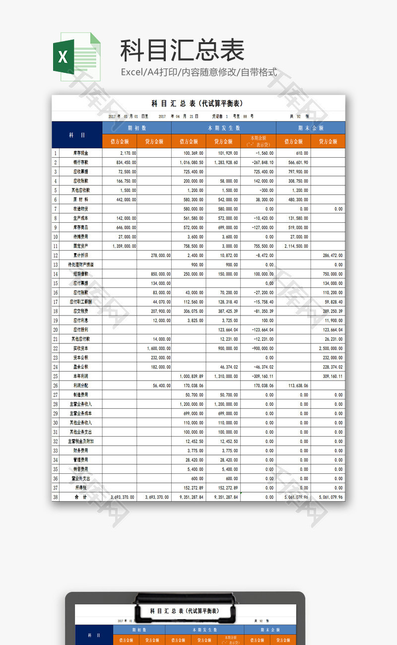 科目汇总表EXCEL模板 千库网 excelID86990