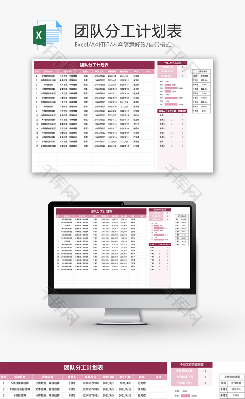 团队分工计划表Excel模板 千库网 excelID156339