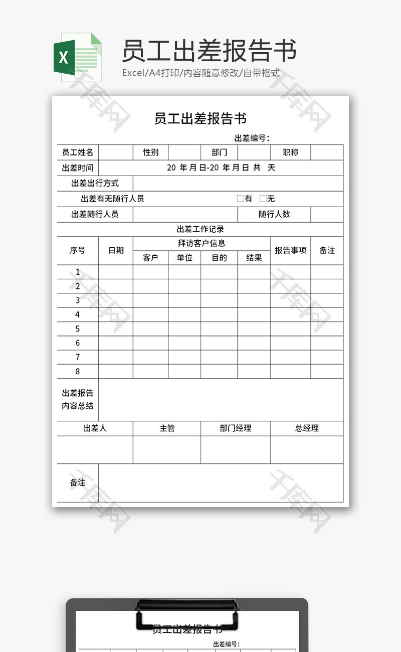 员工出差报告书Excel模板 千库网 excelID158934