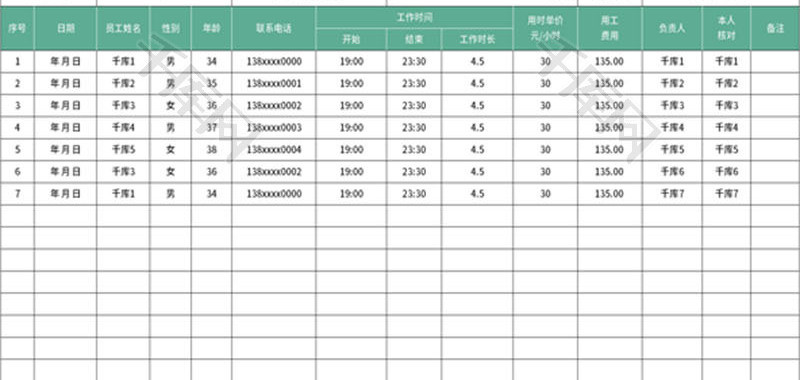 临时用工人员登记表Excel模板 千库网 excelID175674