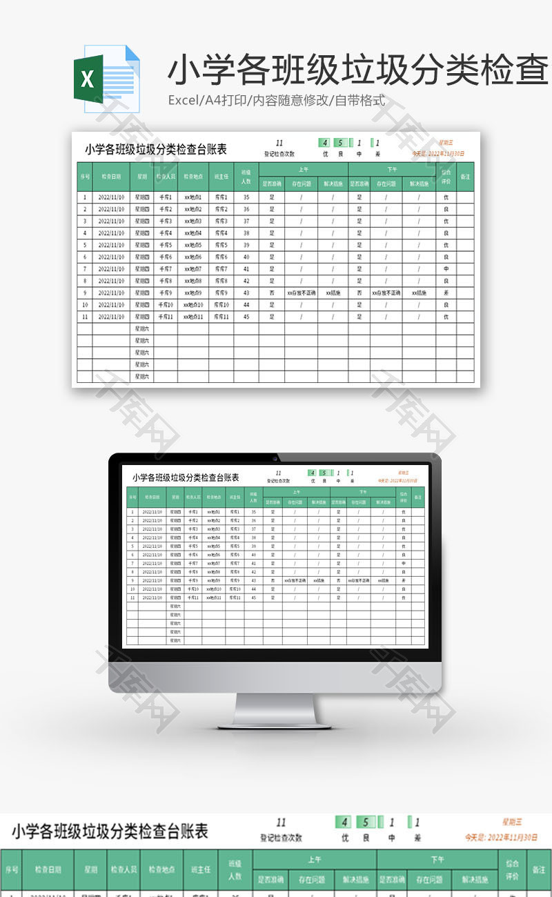 小学各班级垃圾分类检查台账表Excel模 千库网 excelID181802