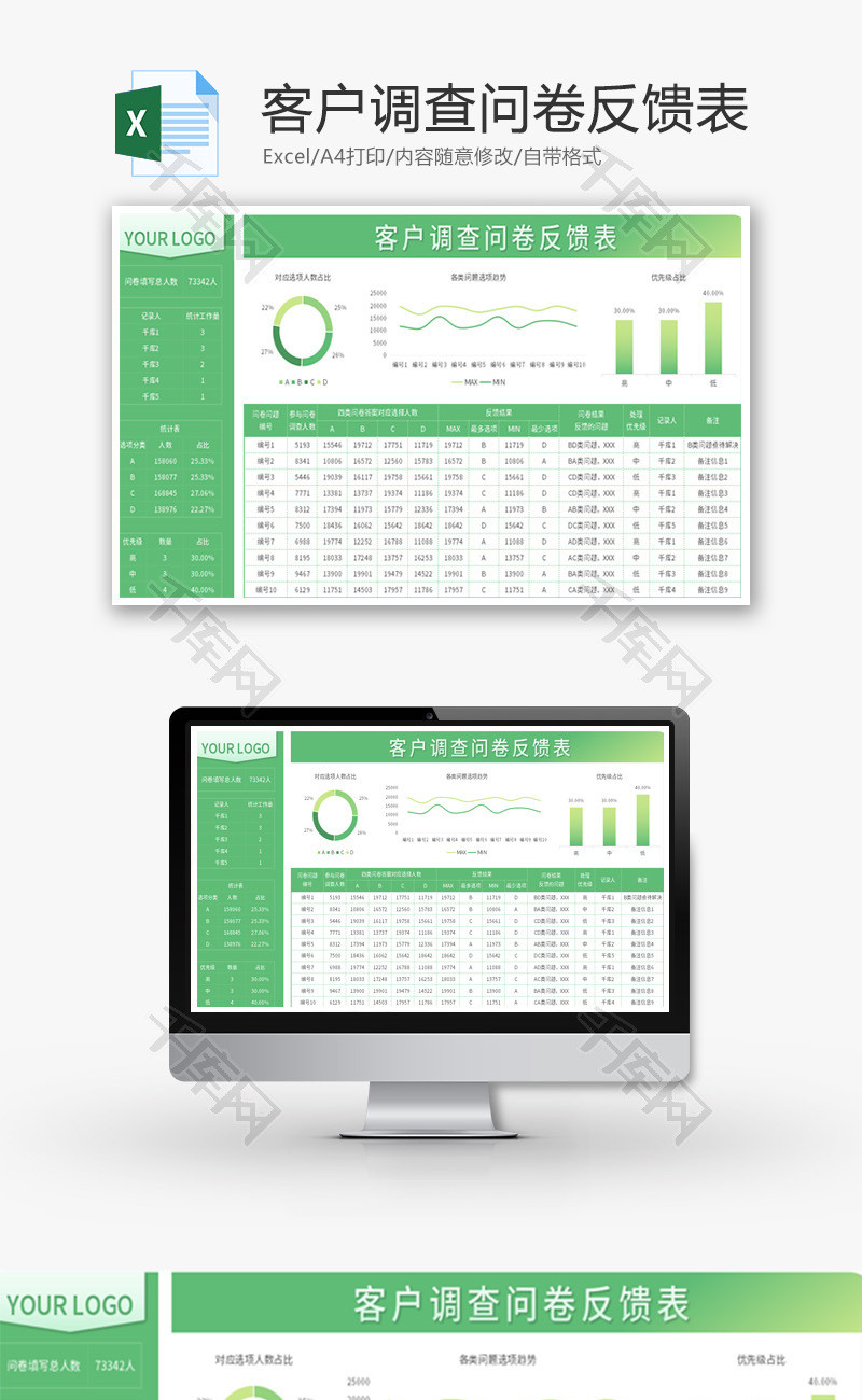 客户调查问卷反馈表Excel模板 千库网 excelID183559