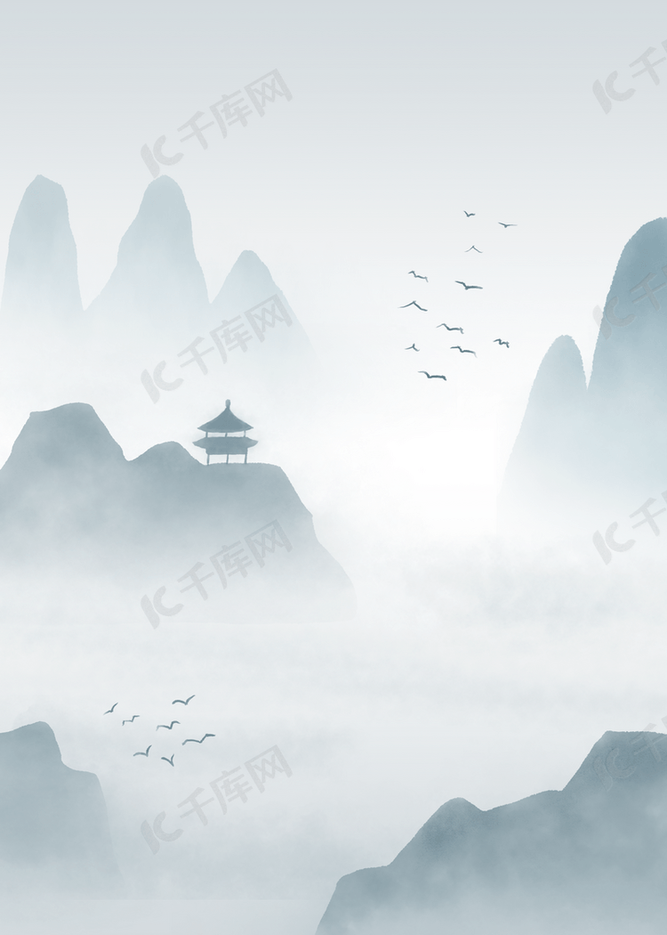 青色水彩水墨山水画背景图片免费下载 千库网