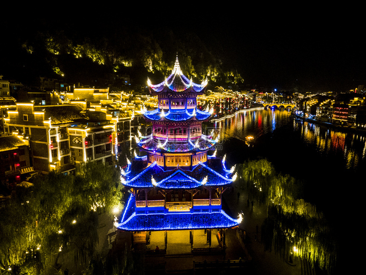 航拍贵州镇远古镇镇江阁夜景高清摄影大图 千库网