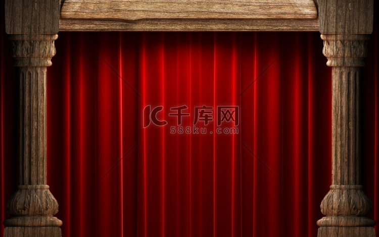 3d制作的旧木柱后面的红色天鹅绒窗帘高清摄影大图 千库网