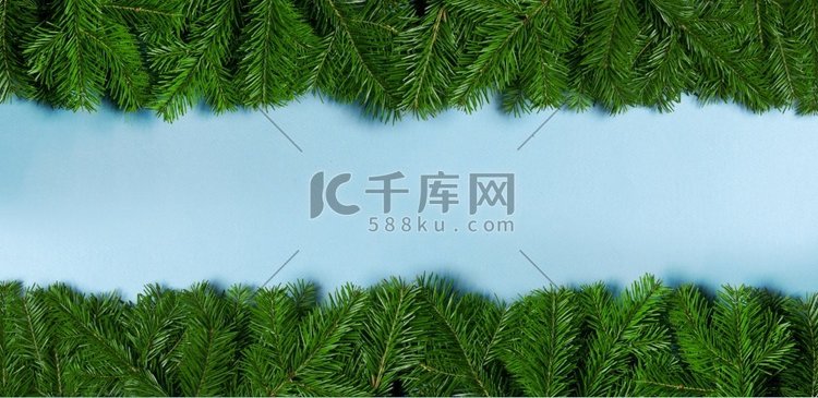 蓝纸纹理与云杉边框圣诞贺卡横幅文本复制空间高清摄影大图 千库网