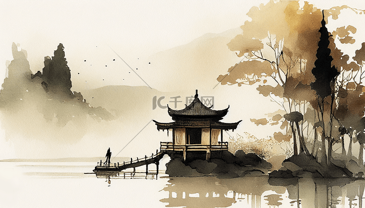 横版山水画水墨亭子背景图片免费下载 海报banner 高清大图 千库网 图片编号6384171