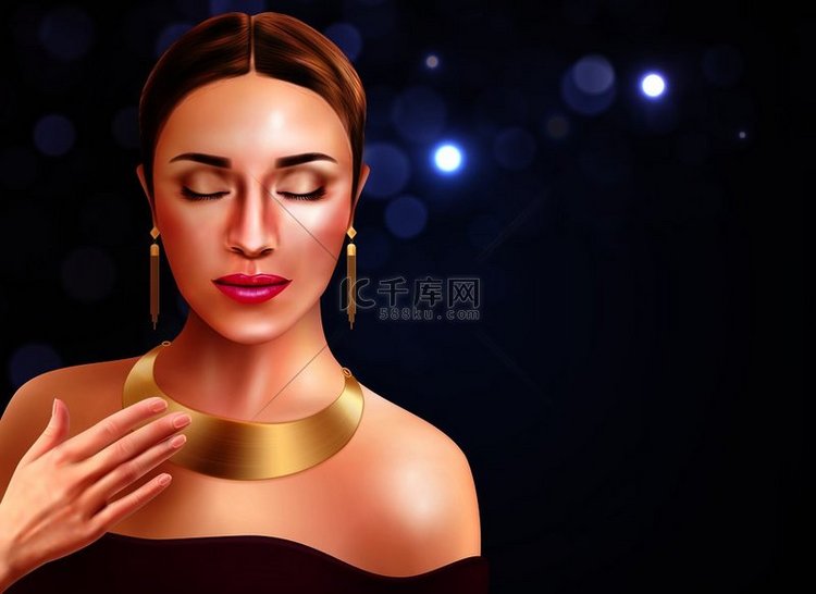 带有金耳环和项链逼真矢量插图的女人和珠宝配饰背景图片免费下载 海报banner 高清大图 千库网 图片编号6362424