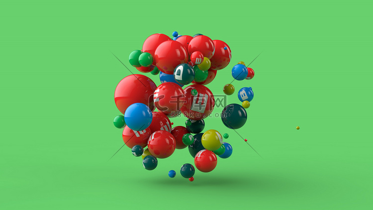 在绿色背景上隔离的许多不同颜色的球的 3d 插图维生素分散在太空中健康饮食力量和健康的理念3d 渲染高清摄影大图 千库网