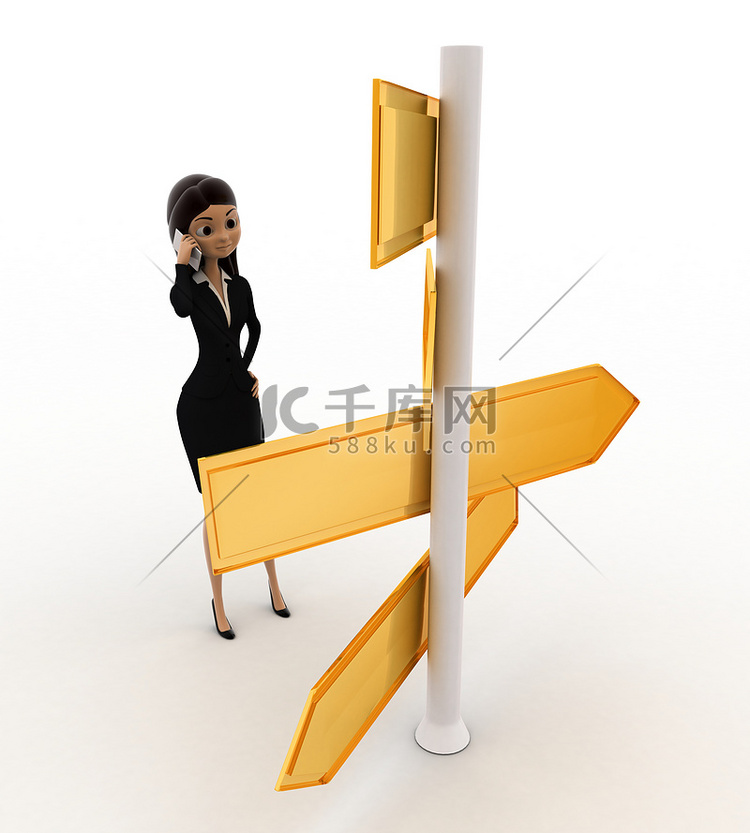 3d 女人看着路标牌找到方向概念高清摄影大图 千库网