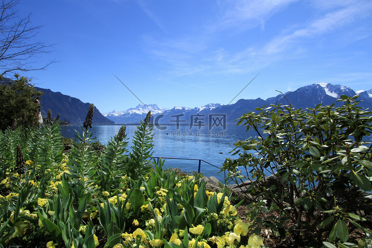 瑞士蒙特勒日内瓦湖的春天高清摄影大图 千库网