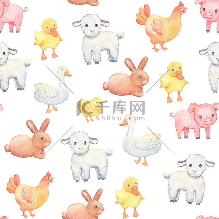 水彩无缝图案与白色背景的农场动物高清摄影大图 千库网