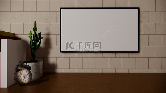 木桌上的样机海报或相框书籍和时钟3d 渲染高清摄影大图 千库网