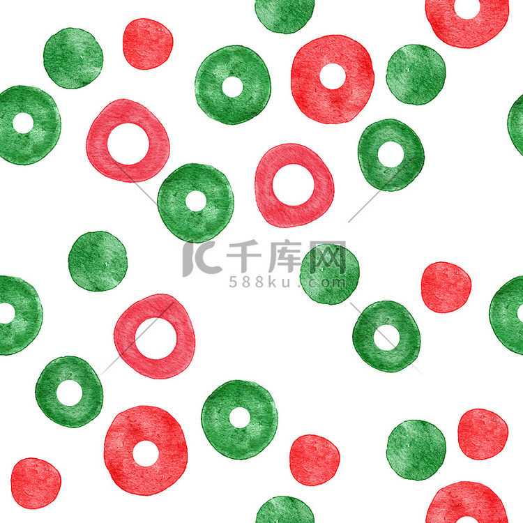 水彩无缝手绘图案与红色绿色抽象形状元素圆环圆形圆点明亮的夏日背景高清摄影大图 千库网