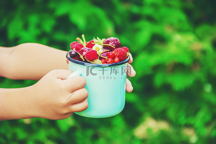 孩子正在花园里摘樱桃高清摄影大图 千库网