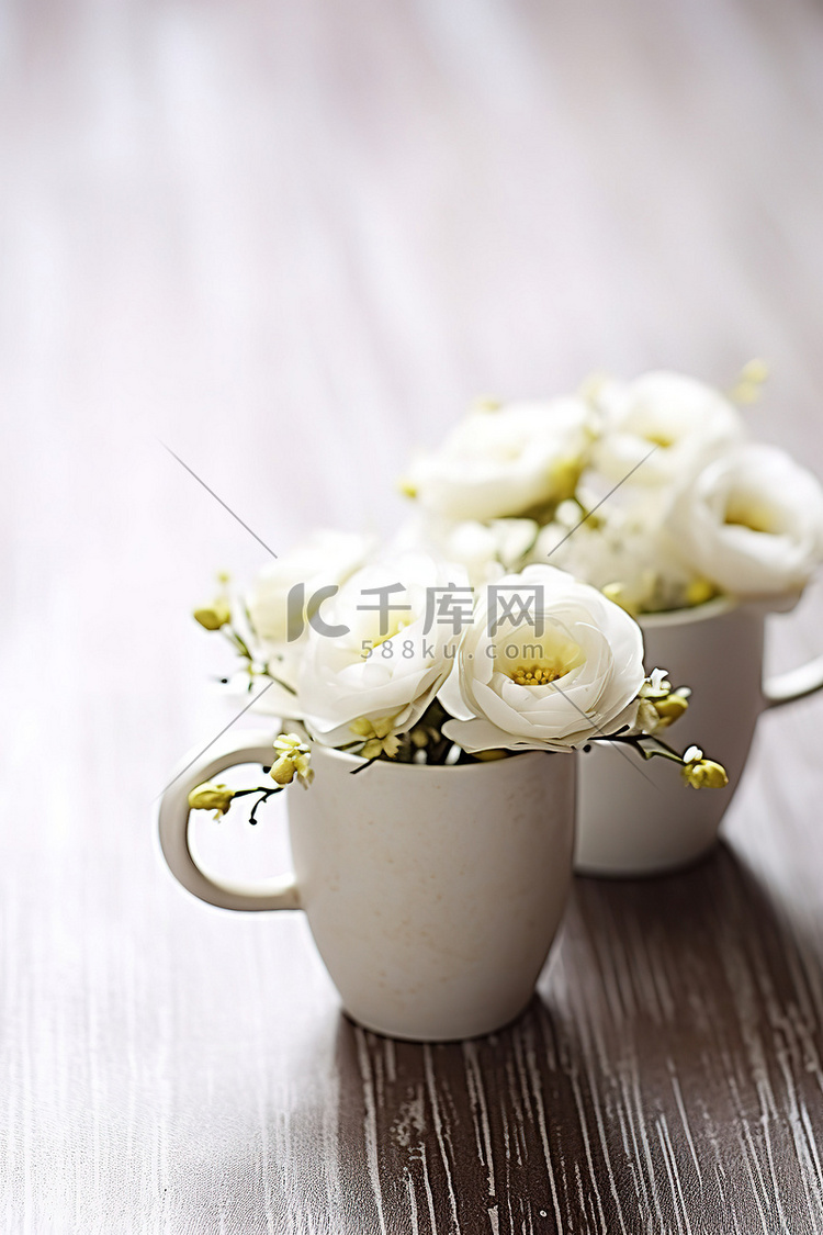 桌上有几个白色的杯子和白色的花背景图片免费下载 海报banner 高清大图 千库网 图片编号7061457