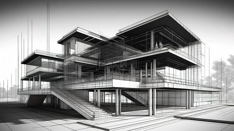 线框 3D 插图中的当代建筑设计背景图片免费下载 海报banner 高清大图 千库网 图片编号6913275