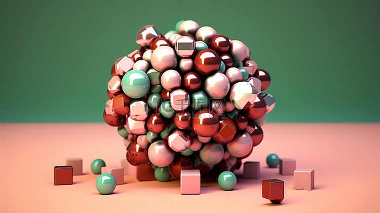 3D 渲染粉红色棕色和绿色球体和立方体的抽象插图背景图片免费下载 海报banner 高清大图 千库网 图片编号6858477
