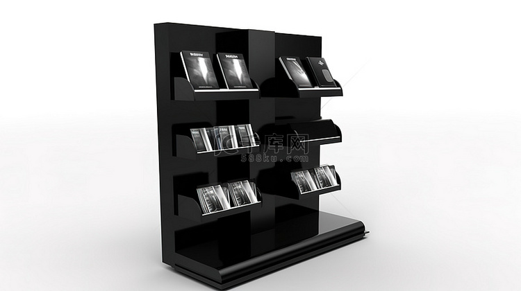 黑色 lcd 贸易展摊位的 3d 渲染配有 lcd 展示架和杂志架隔离在白色背景上背景图片免费下载 海报banner 高清大图 千库网