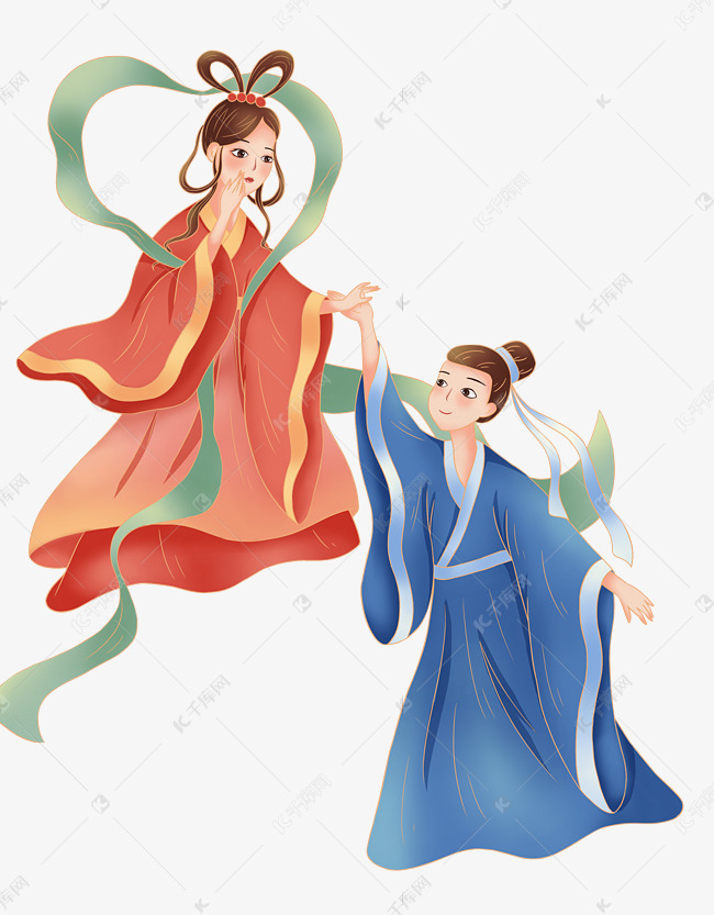 中国风工笔七夕情人节牛郎织女牵手素材图片免费下载 千库网
