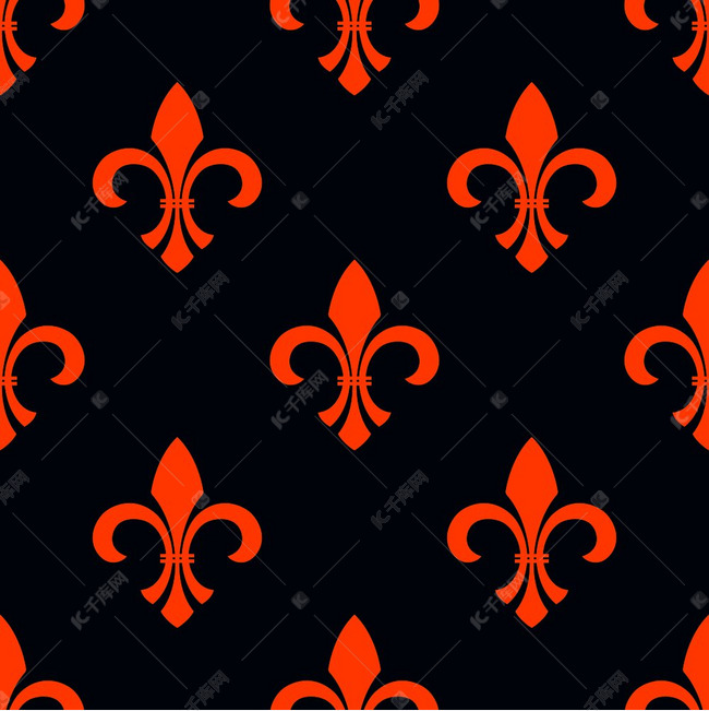 橙色 fleur de lis 花卉无缝图案的尖芽与两侧弯曲的叶子排列成蓝色背景上的鸢尾花装饰素材图片免费下载 千库网