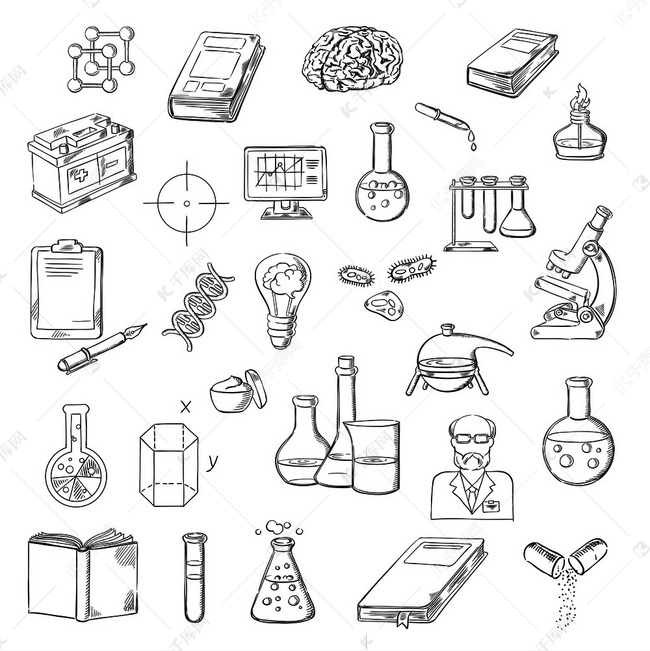 有显微镜素描符号的科学家实验室试管和烧瓶书籍电脑和带笔的剪贴板人脑DNA 和分子实验室燃烧器电池和几何模型创意灯泡和药丸素材