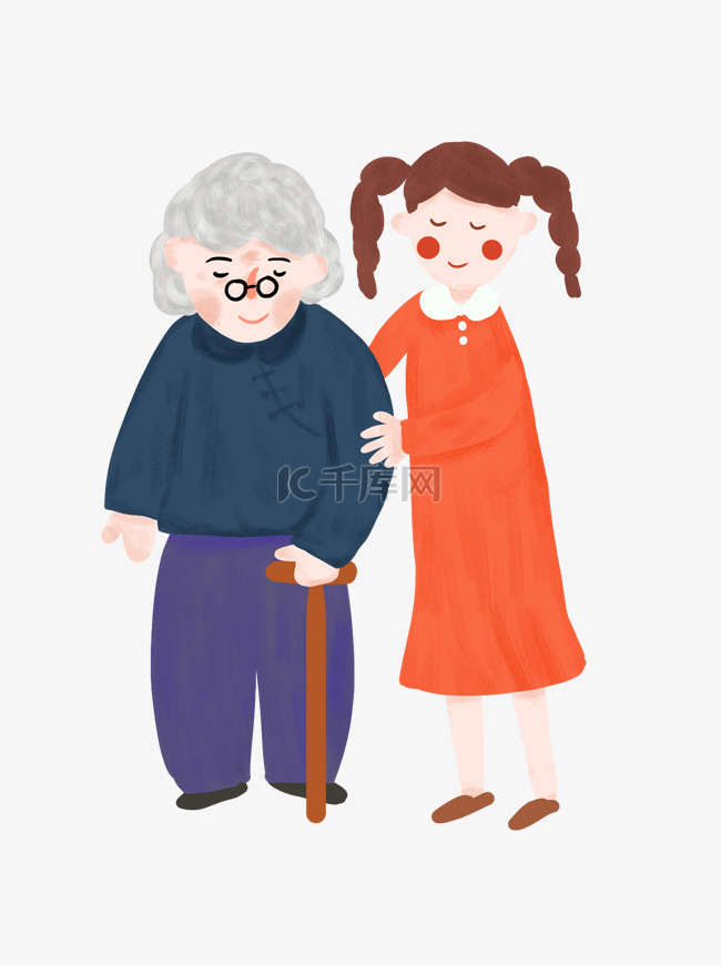 手绘搀扶奶奶的孙女装饰元素素材图片免费下载 千库网