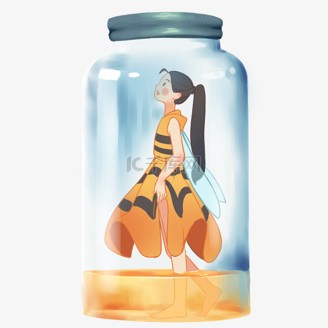 卡通手绘站在瓶子里的卡通女孩素材图片免费下载 千库网
