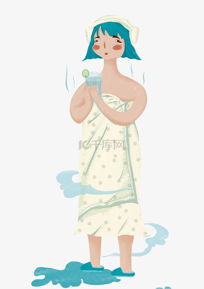 冬季精致女孩泡温泉手绘矢量素材图片免费下载 千库网