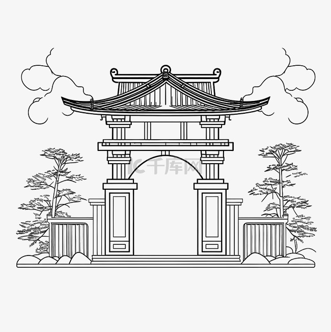 黑白国潮天庭大门线稿素材图片免费下载 千库网