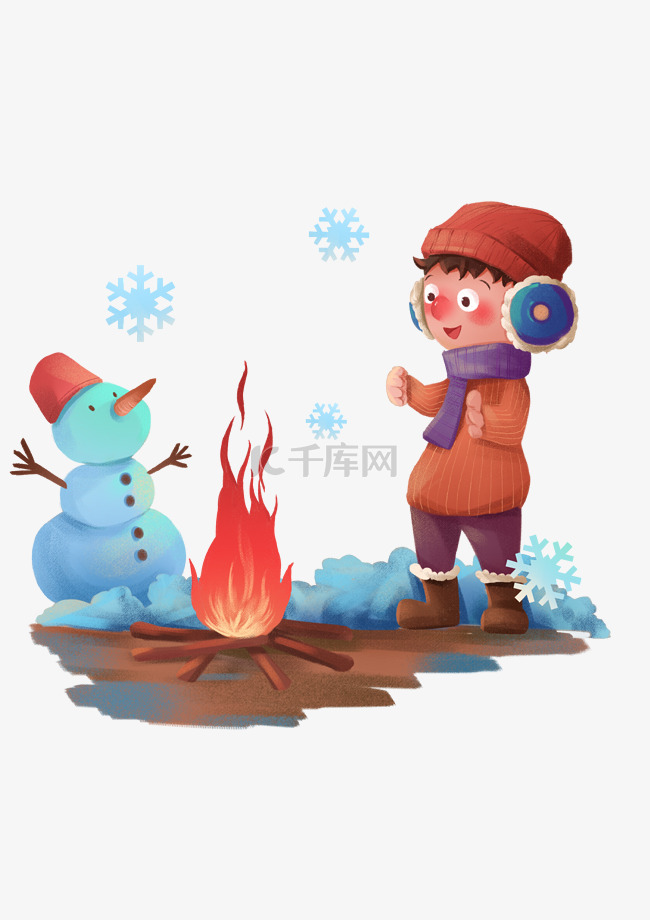 冬天取暖的小女孩和雪人素材图片免费下载 千库网