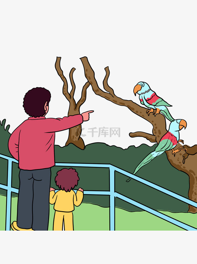 家长带孩子参观动物园卡通插画参观鹦鹉素材图片免费下载 千库网
