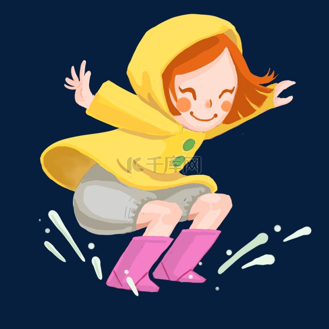 穿着黄色雨衣跳水的卡通小女孩素材图片免费下载 千库网