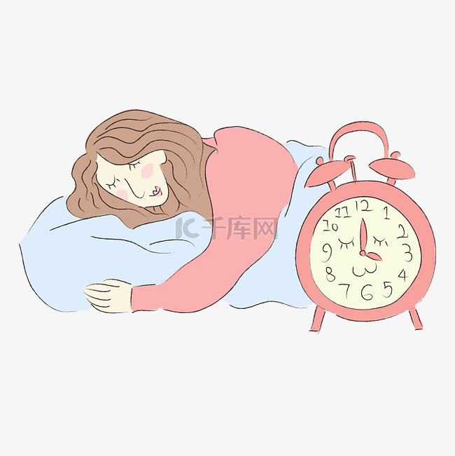 清新手绘睡觉睡眠日女孩与闹钟漫画素材图片免费下载 千库网
