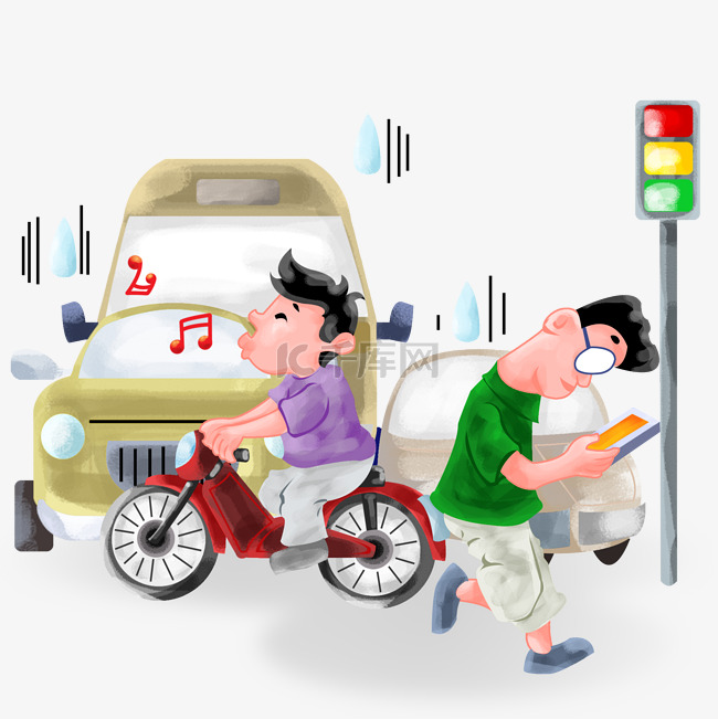手绘过马路不看红绿灯插画素材图片免费下载 千库网