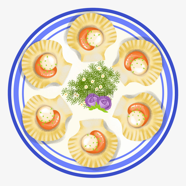 卡通手绘海鲜美食美味贝壳之圆形盘装扇贝素材图片免费下载 千库网