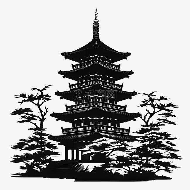 平面黑白精细古塔图案素材图片免费下载 千库网