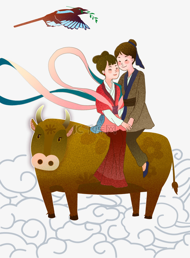 清新唯美七夕情人节牛郎织女喜鹊老牛插画素材图片免费下载 千库网
