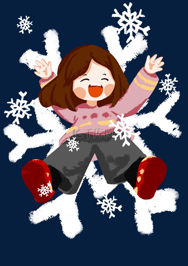 小女孩和雪花手绘插画素材图片免费下载 千库网