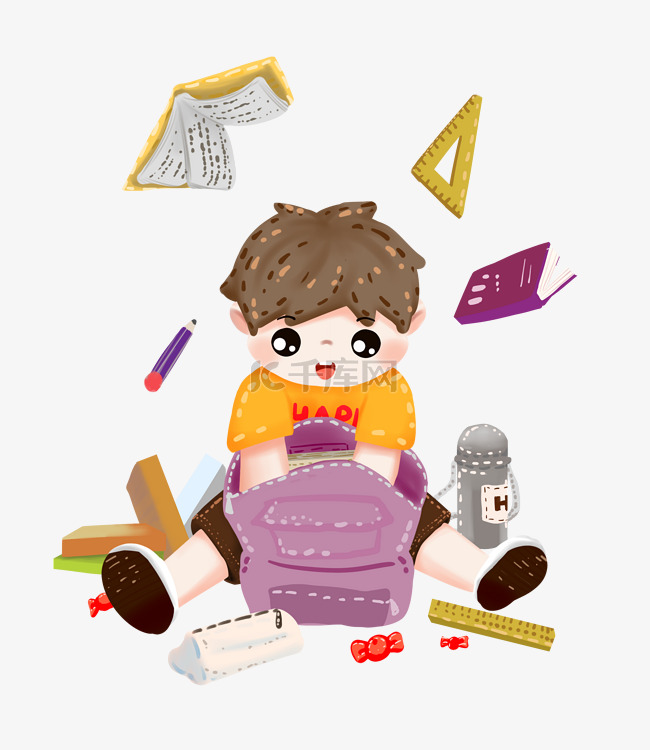 手绘小学生收拾书包文具插画素材图片免费下载 千库网