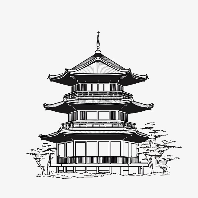 国潮黑白古景观建筑线稿素材图片免费下载 千库网