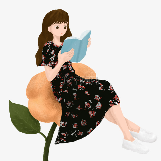 手绘坐在花上看书的女生插画素材图片免费下载 千库网