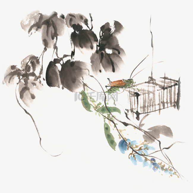 秋季里的蝈蝈水墨画PNG免抠素材图片免费下载 千库网