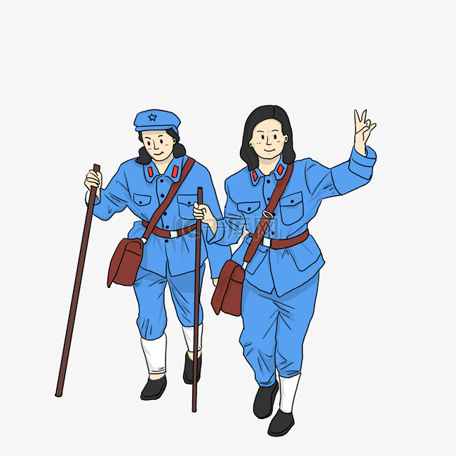 长征途中两个女红军拄拐杖走路插画素材图片免费下载 千库网