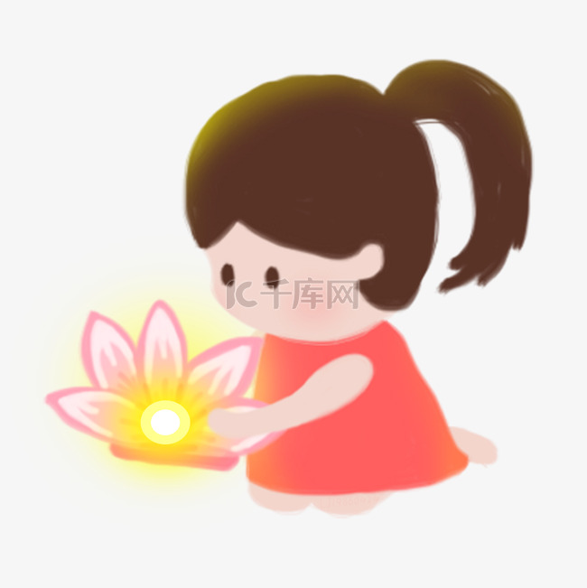 处暑荷花河灯红裙女孩手绘插画psd素材图片免费下载 千库网