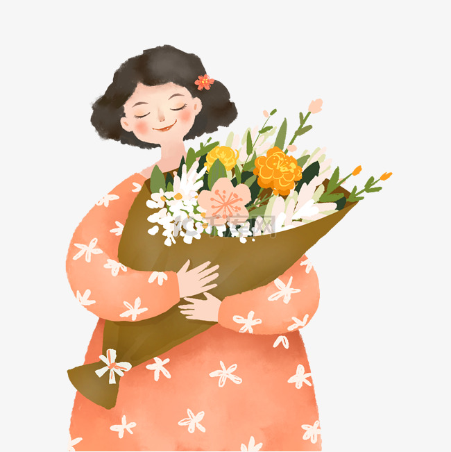 三八妇女节女神的节日抱着花的女孩卡通手绘素材图片免费下载 千库网
