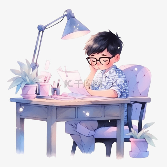 开学季在台灯下写作业男孩卡通手绘元素素材图片免费下载 千库网