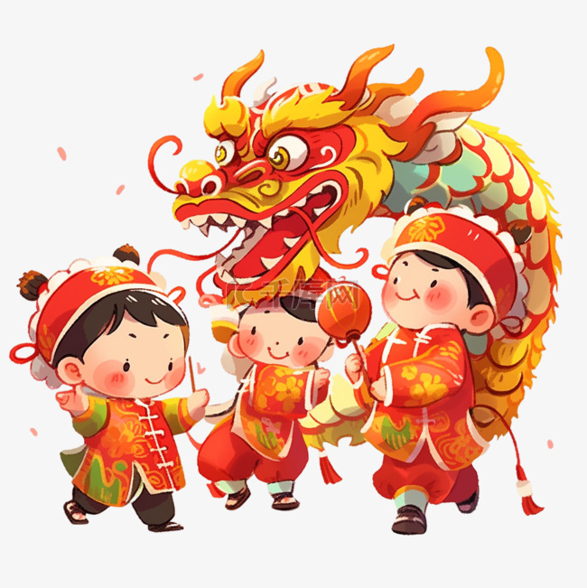 卡通手绘小孩舞龙过春节16素材图片免费下载 千库网
